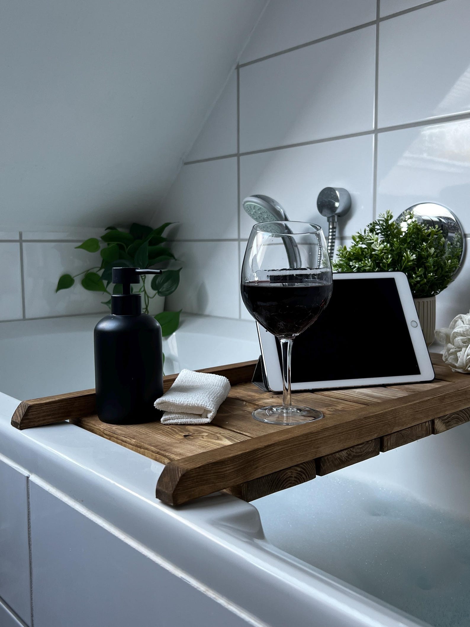 Handcrafted Rustic Wooden Slat Bath Caddy - Inset Base and Raised Sides ...