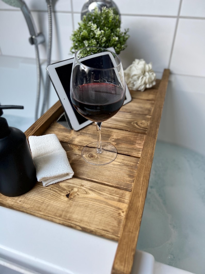 Handcrafted Rustic Wooden Slat Bath Caddy - Inset Base and Raised Sides ...
