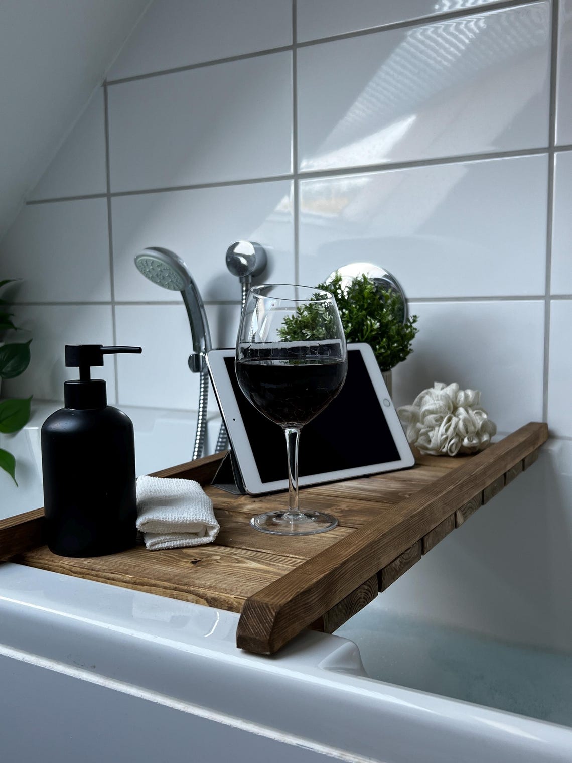 Handcrafted Rustic Wooden Slat Bath Caddy - Inset Base and Raised Sides ...