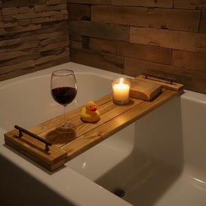 Handcrafted Rustic Oak Stain Wooden Bath Caddy | Bathtub Tray for Wine ...