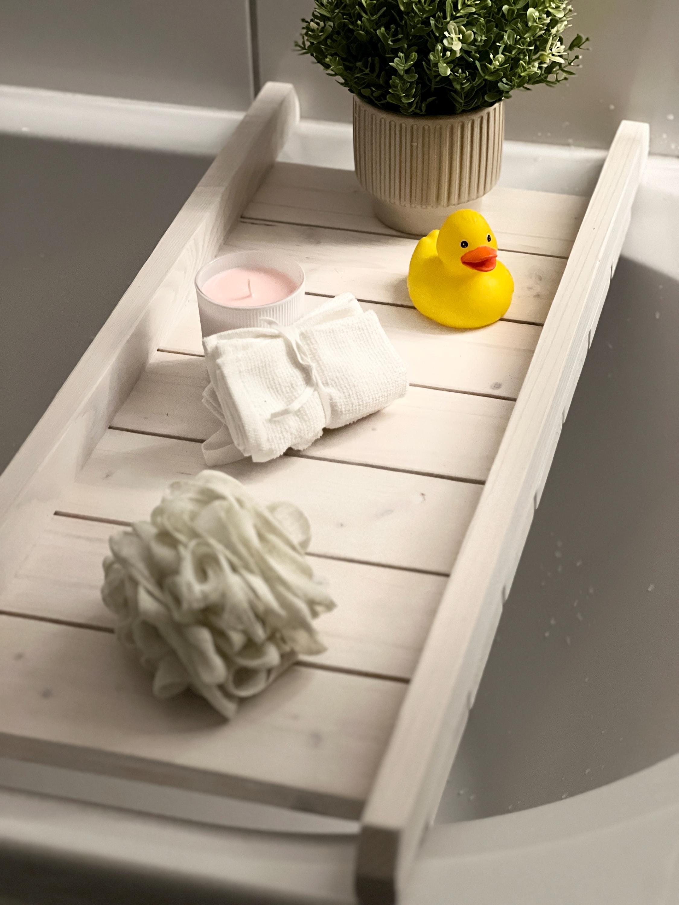 Handcrafted Rustic Wooden Slat Bath Caddy - Inset Base and Raised Sides ...