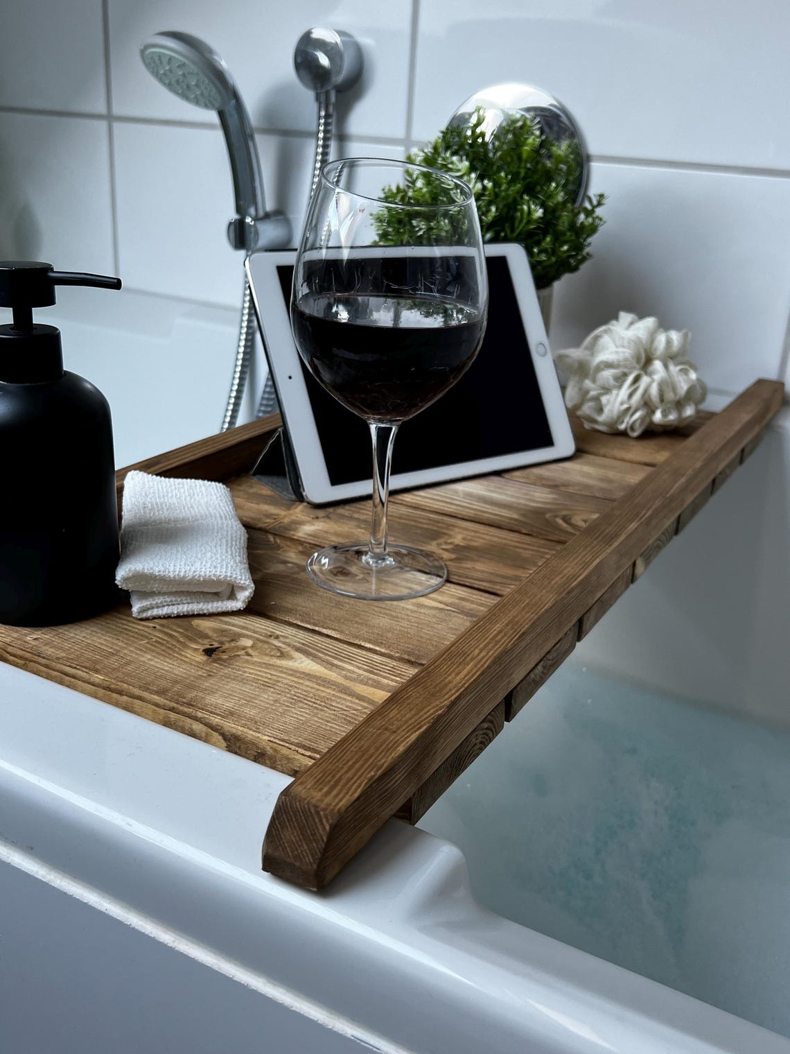 Handcrafted Rustic Wooden Slat Bath Caddy - Inset Base and Raised Sides ...