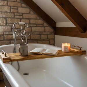 Handcrafted Rustic Oak Stain Wooden Bath Caddy | Bathtub Tray for Wine ...