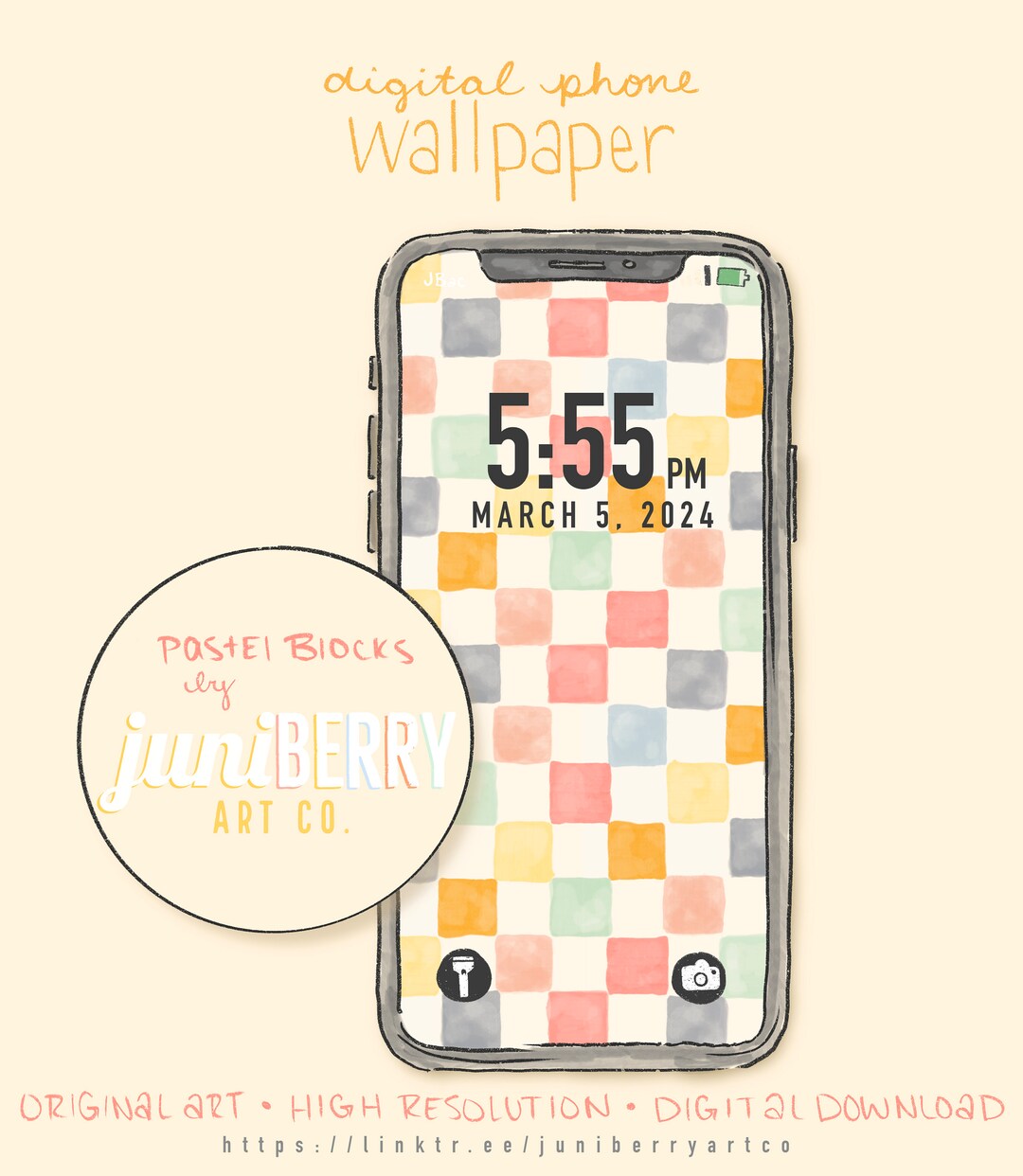 Watercolor Checkered Blocks - Digital Phone Wallpaper by Juniberry Art ...