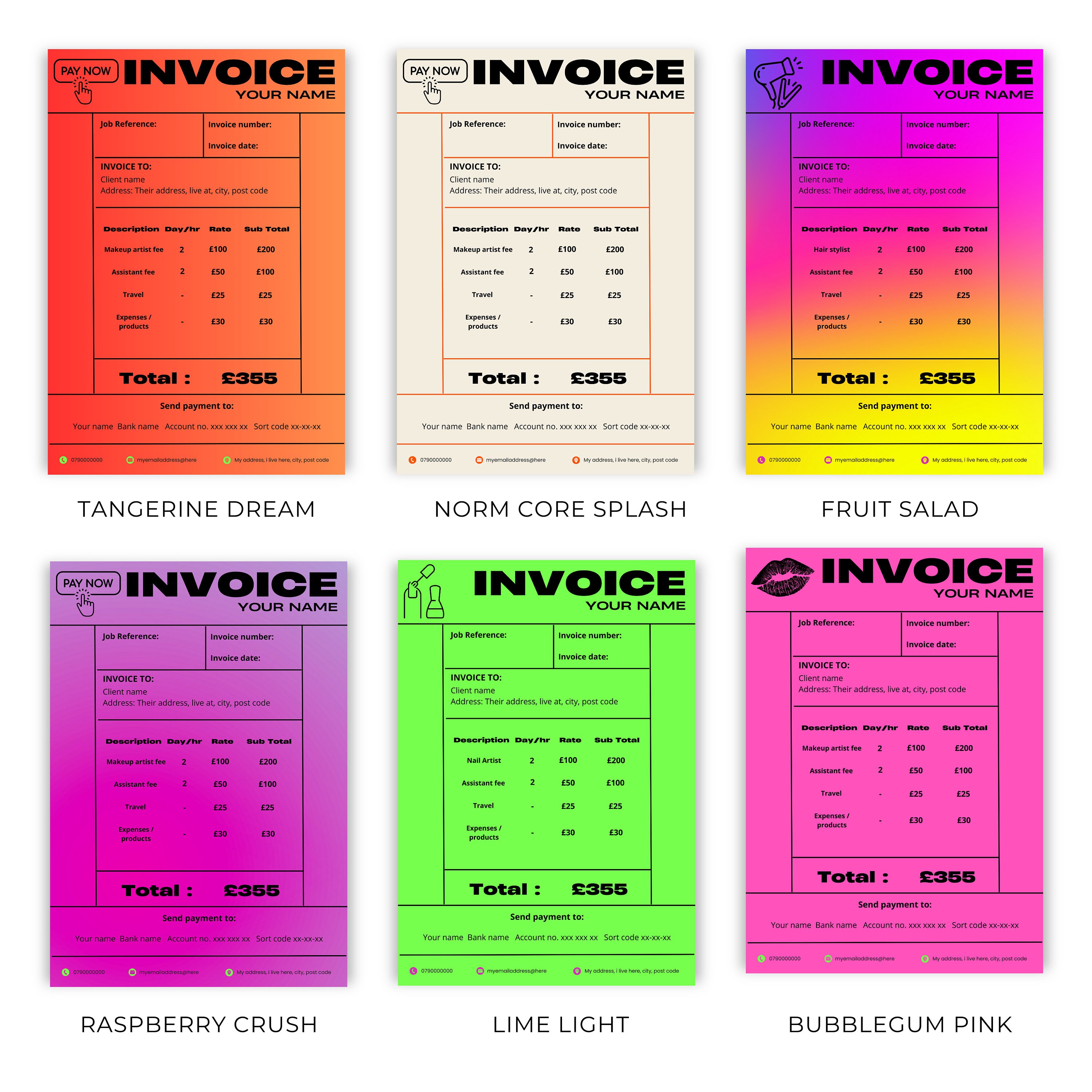 Neon Purple INVOICE Template for CREATIVE FREELANCERS. Hair Beauty ...