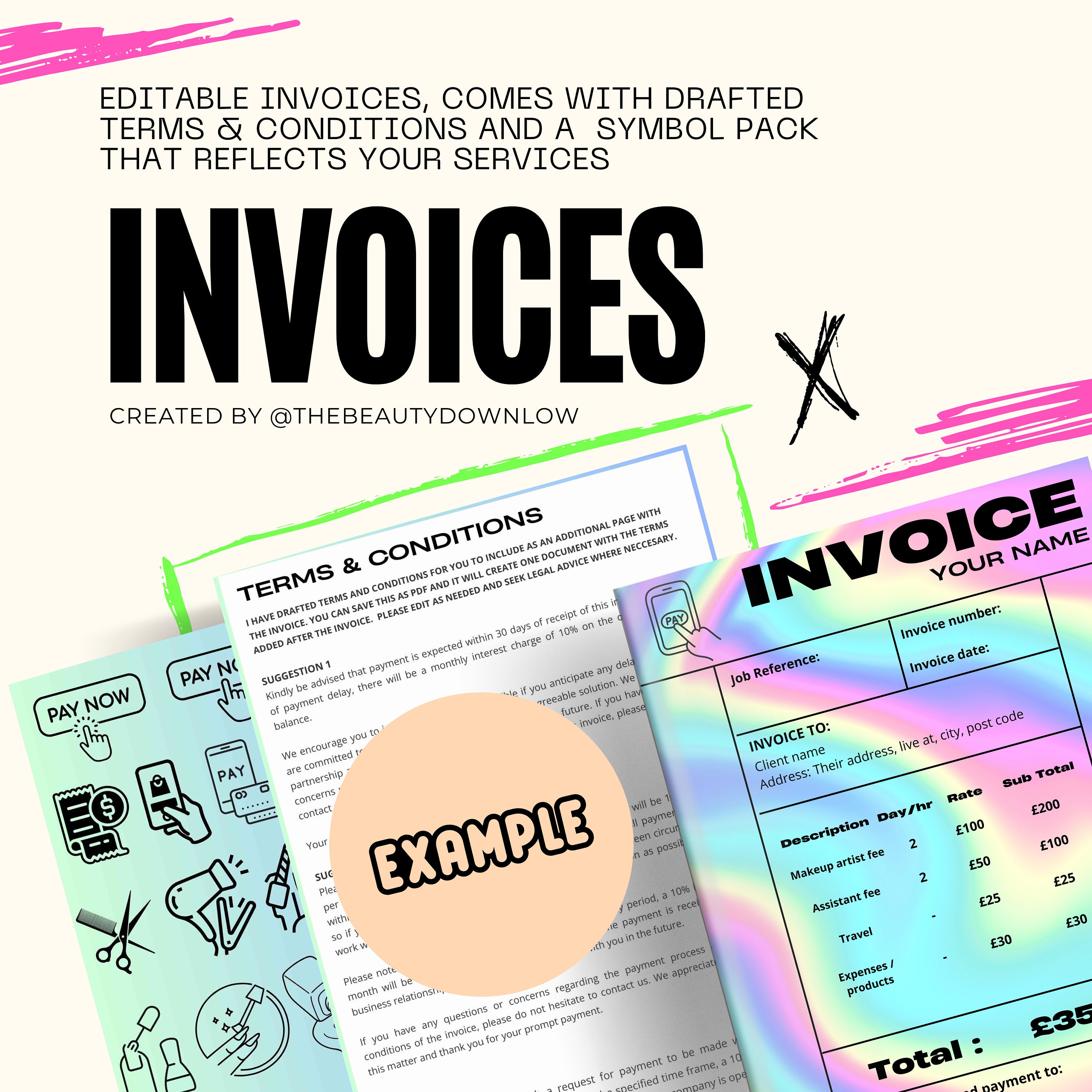 Neon Purple INVOICE Template for CREATIVE FREELANCERS. Hair Beauty ...