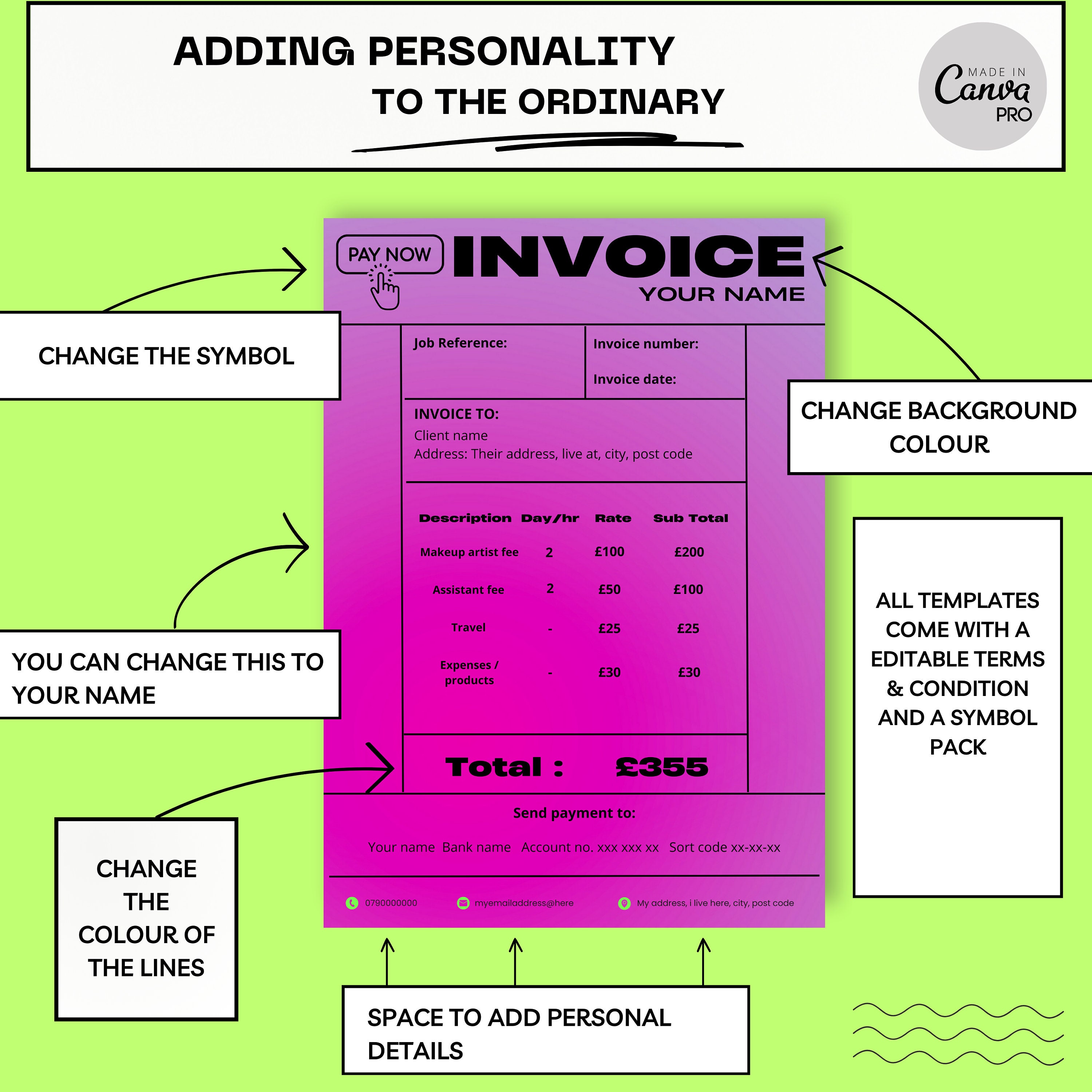Neon Purple INVOICE Template for CREATIVE FREELANCERS. Hair Beauty ...