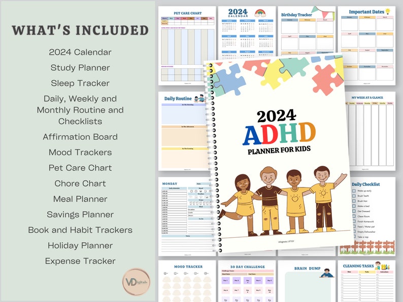 ADHD Kids' Planner 2024 Children Journal and Checklist Planner for Kids ...