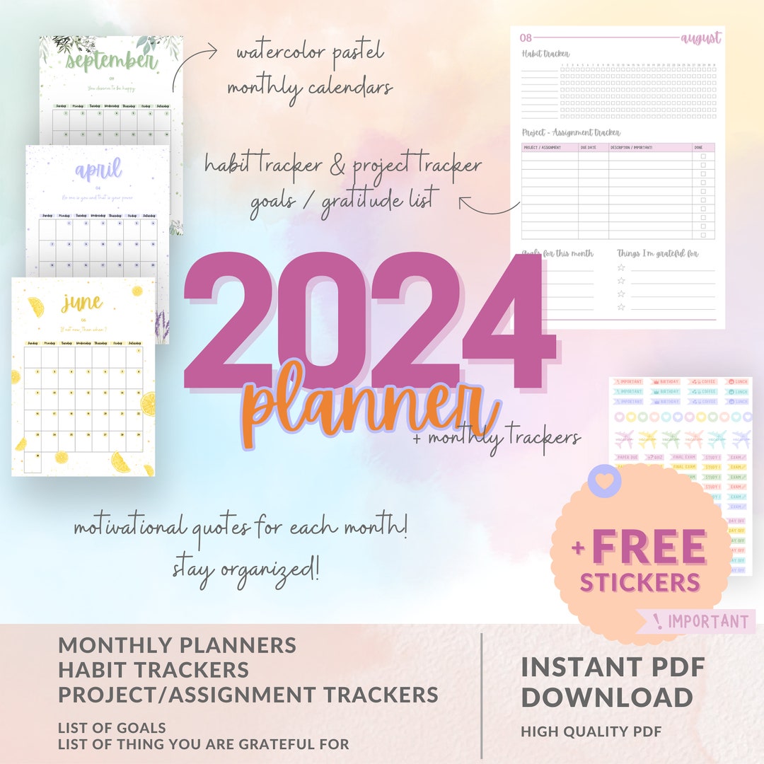 2024 Planner Monthly Calendars Habit Tracker Project and Task Tracker ...