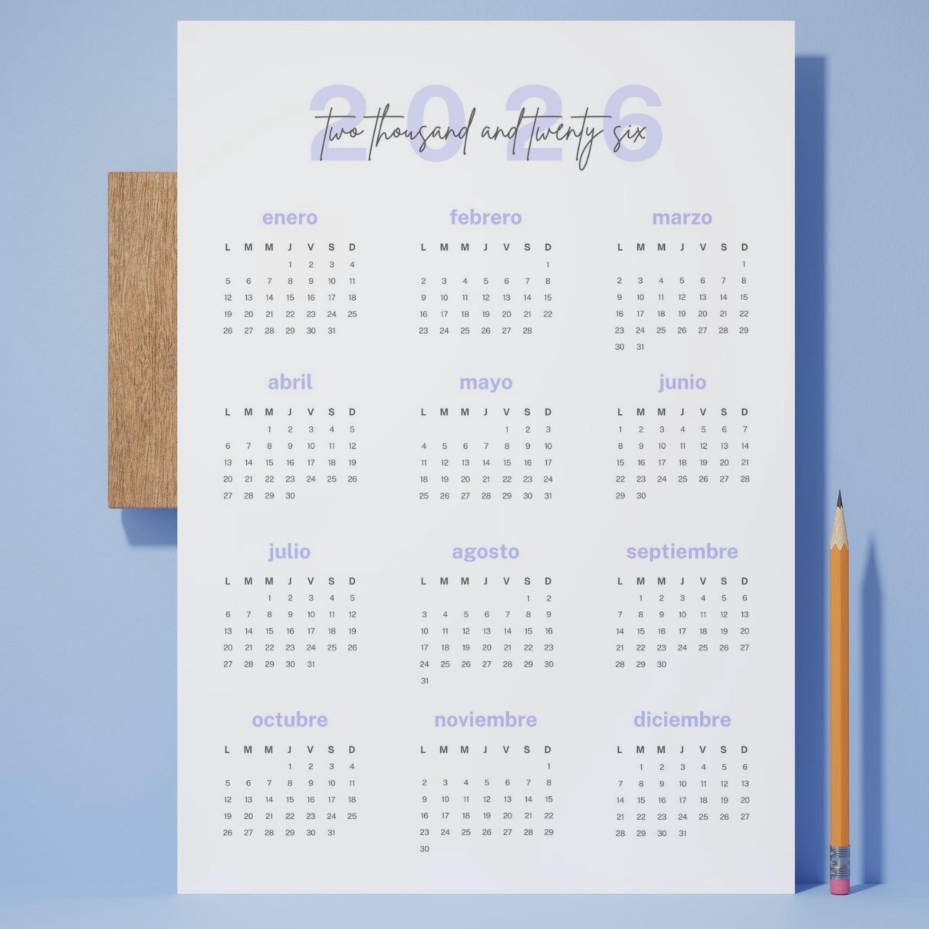 2026 Annual Calendar, Lavender Color, Printable With Minimalist Design ...