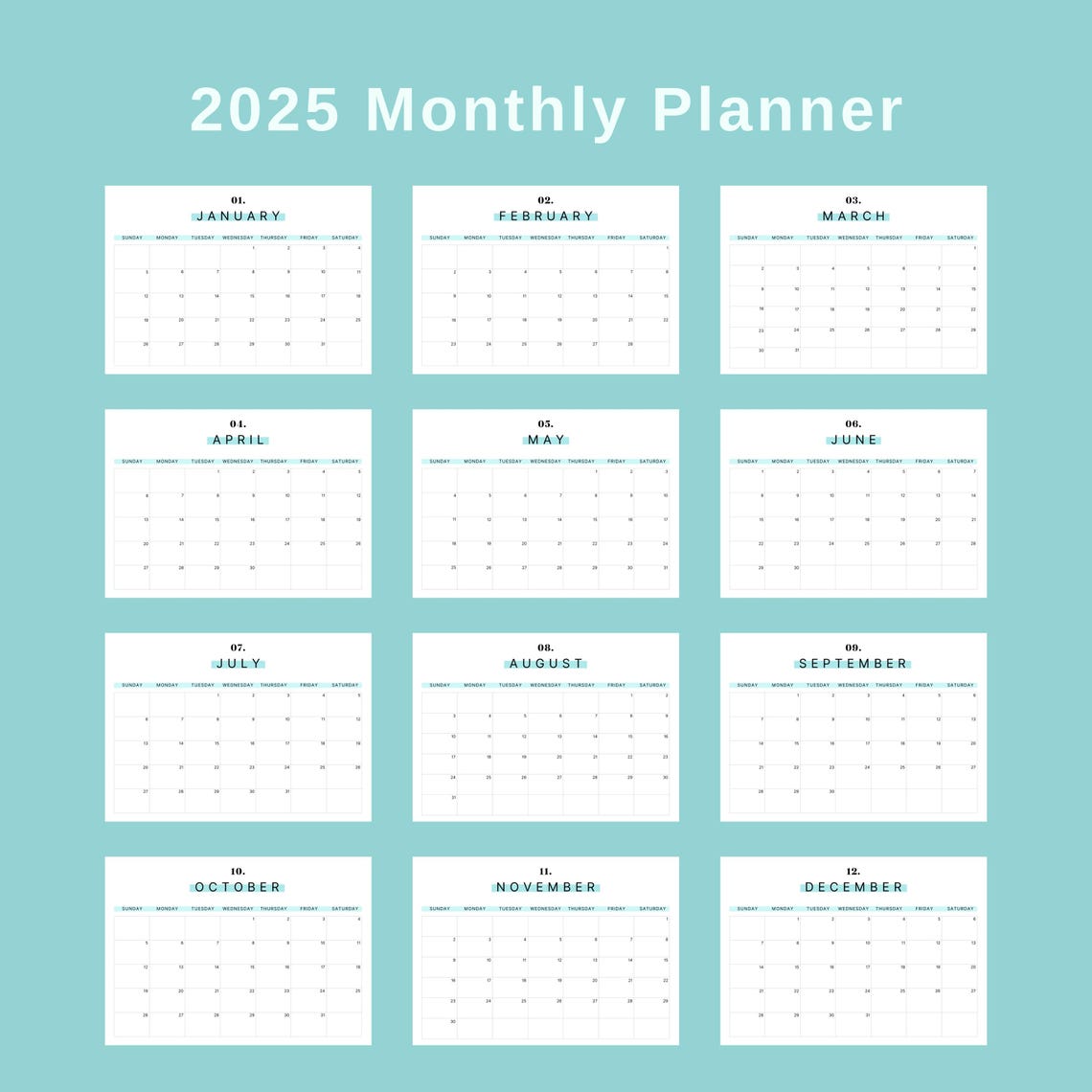 2025 Calendar 2025 Monthly Planner Blue Minimal Monthly Calendar Sunday ...