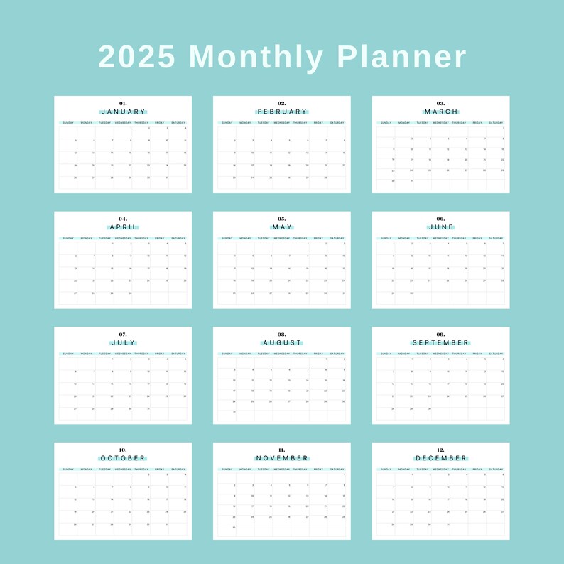 2025 Calendar 2025 Monthly Planner Blue Minimal Monthly Calendar Sunday ...