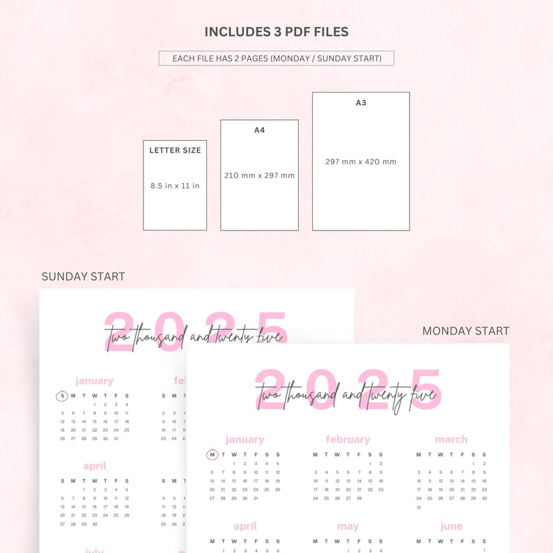 2025 Pink Yearly Calendar 2025 Wall Calendar Printable 2025 Calendar ...