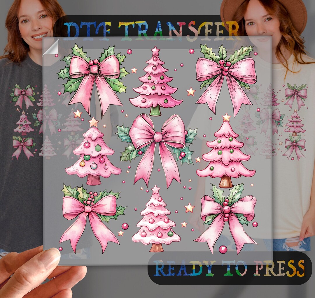 Pink Christmas Tree Coquette Bow Collage Dtf Transfer, Ready to Press ...