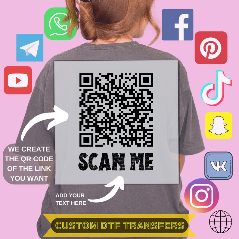 Custom QR Code DTF Transfer, Ready to Press, Personalized QR Code Shirt, Social Media Qr Code ...