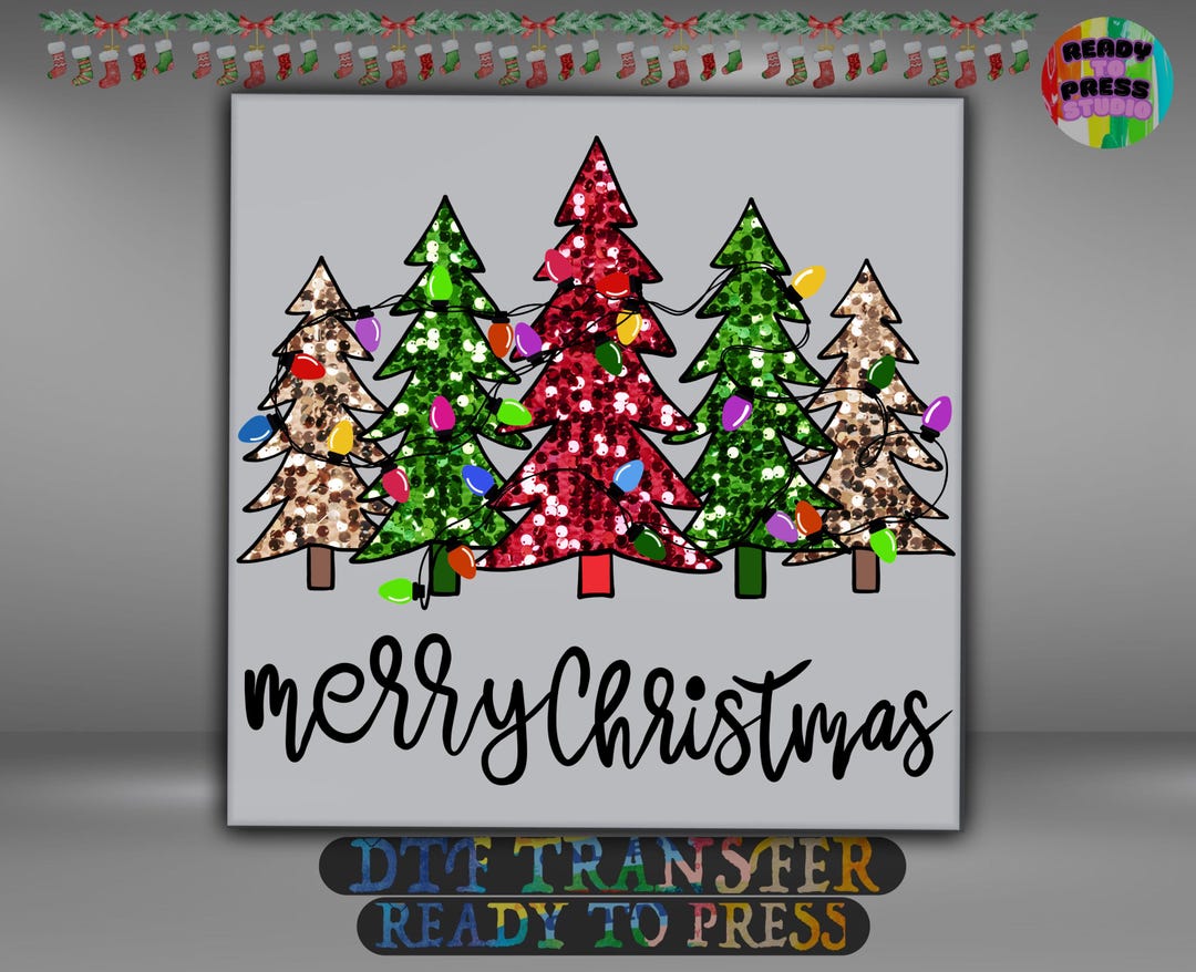 Sequin Christmas Tree DTF Transfer, Glitter Holiday Trees With Light ...