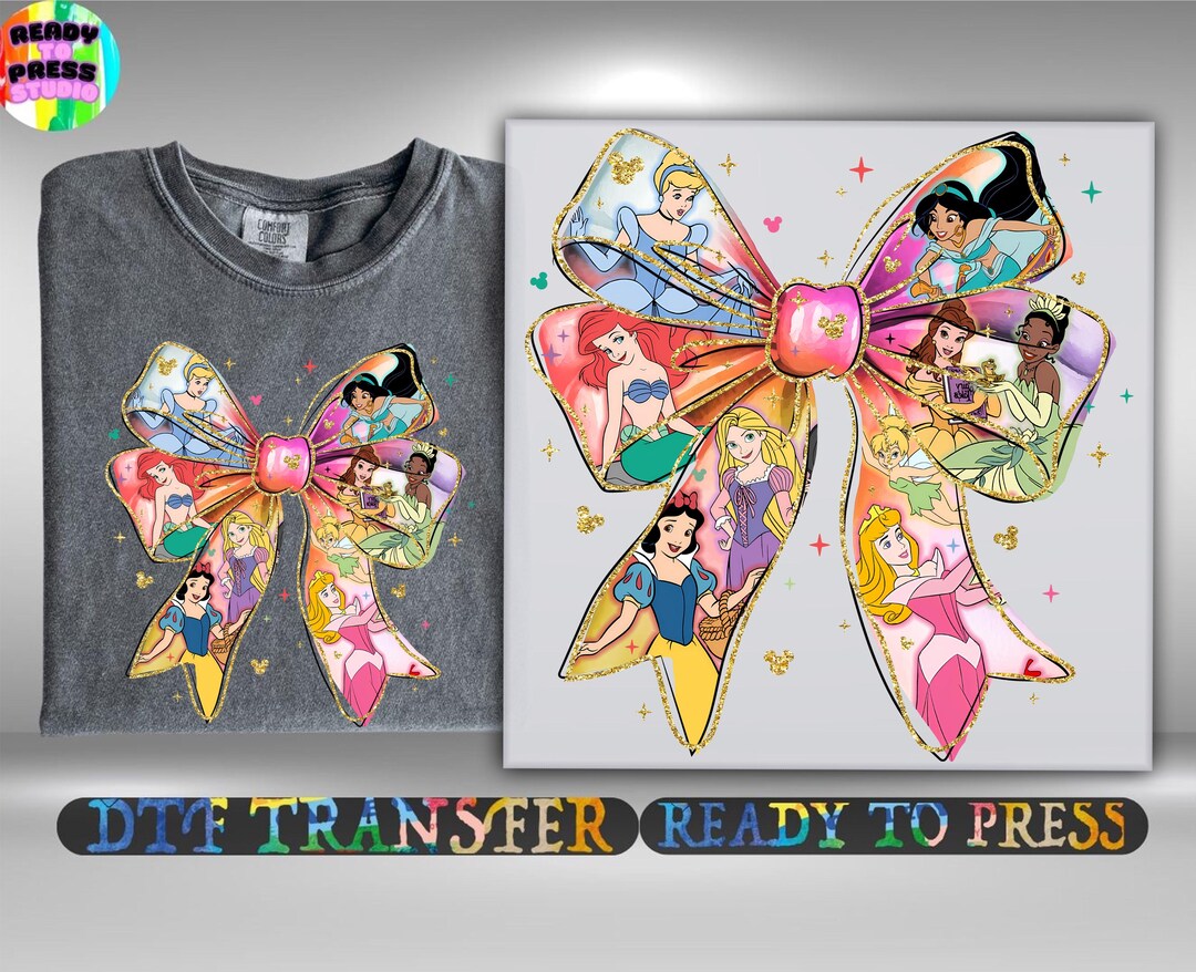 Disney Princess Coquette Bow Dtf Transfer, Glitter Disney Bow Ready to ...
