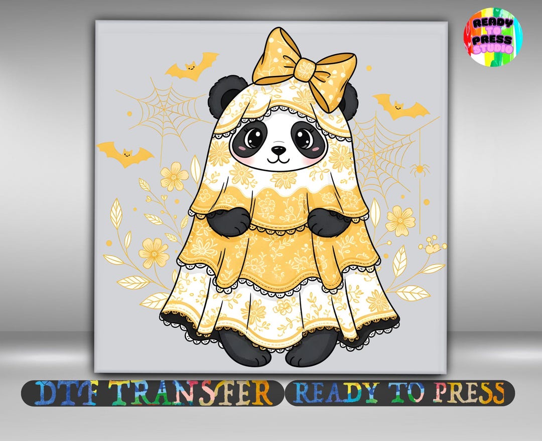 Cute Panda Ghost DTF Transfer, Bow Halloween Shirt Design Iron on Ready ...