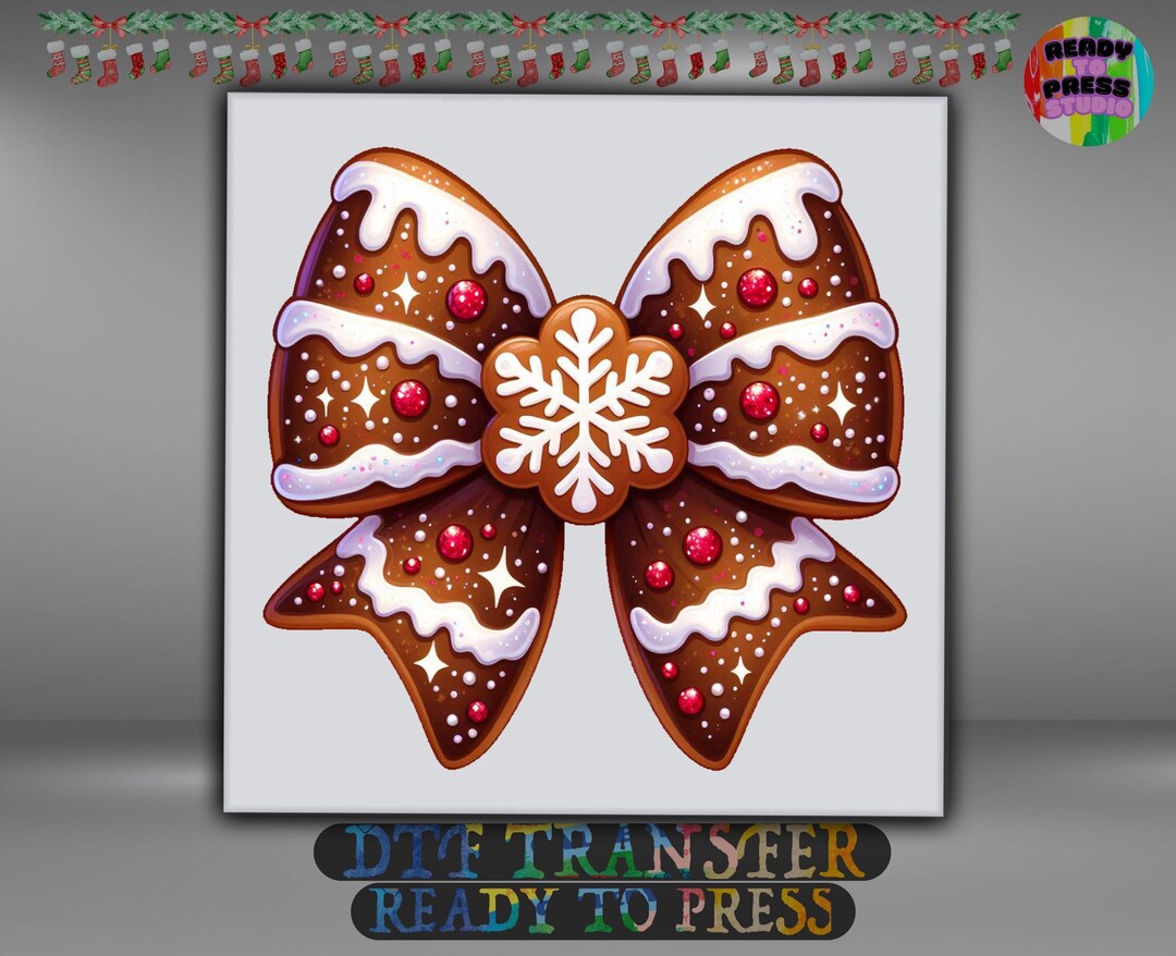 Gingerbread Bow DTF Transfer, Christmas Cookie Bow Design Iron on Ready ...