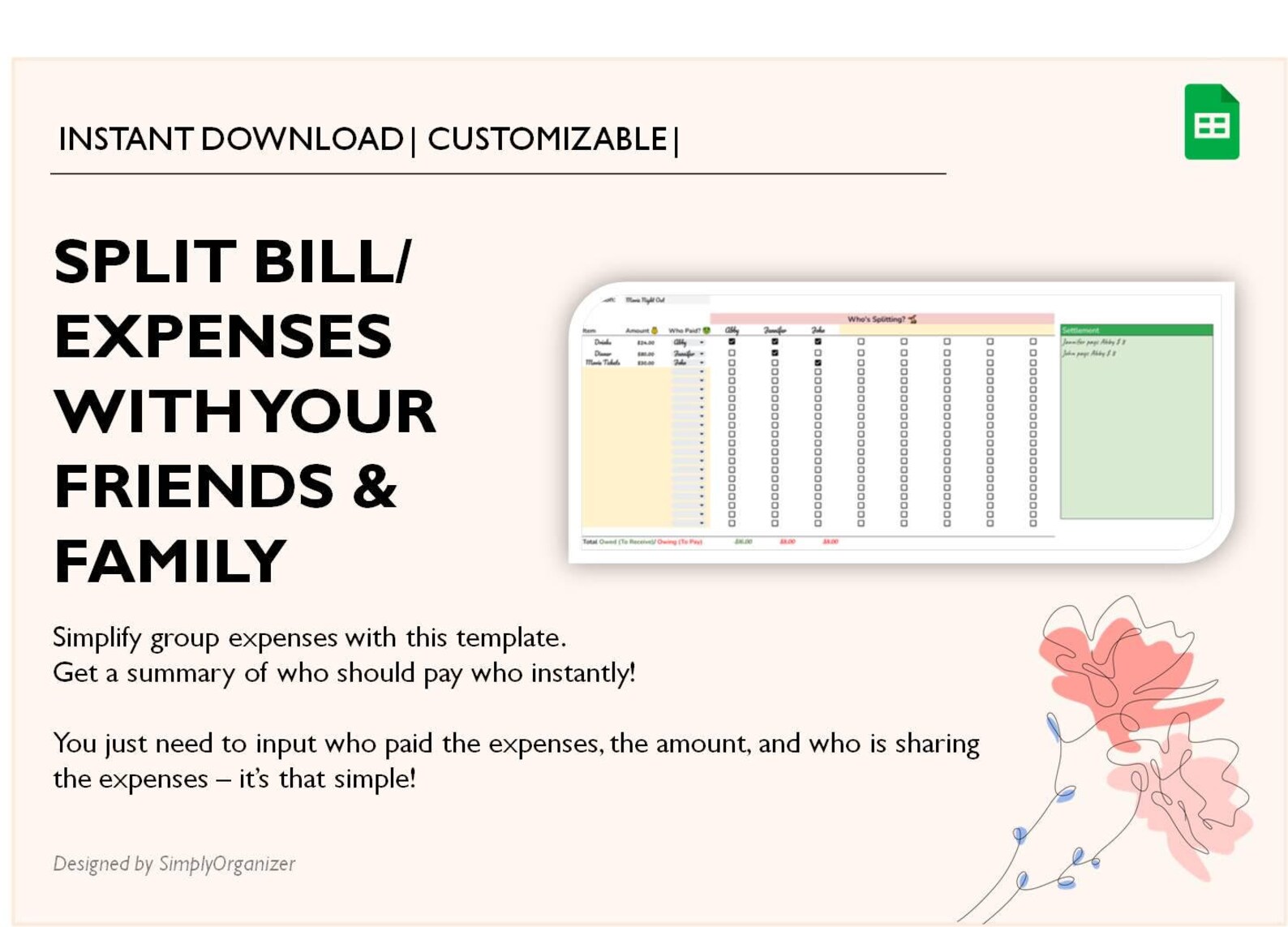 Split Bill/expenses With Friends & Family - Google Sheets - Etsy