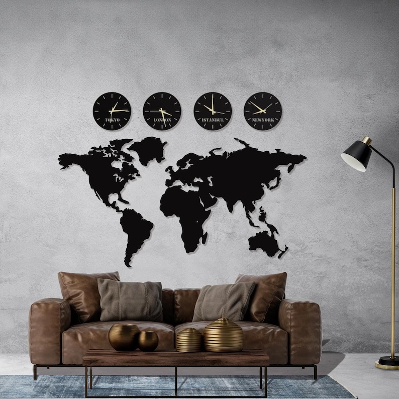 Metal World Map Wall Art With Clocks, Personalized Office Decor, World ...