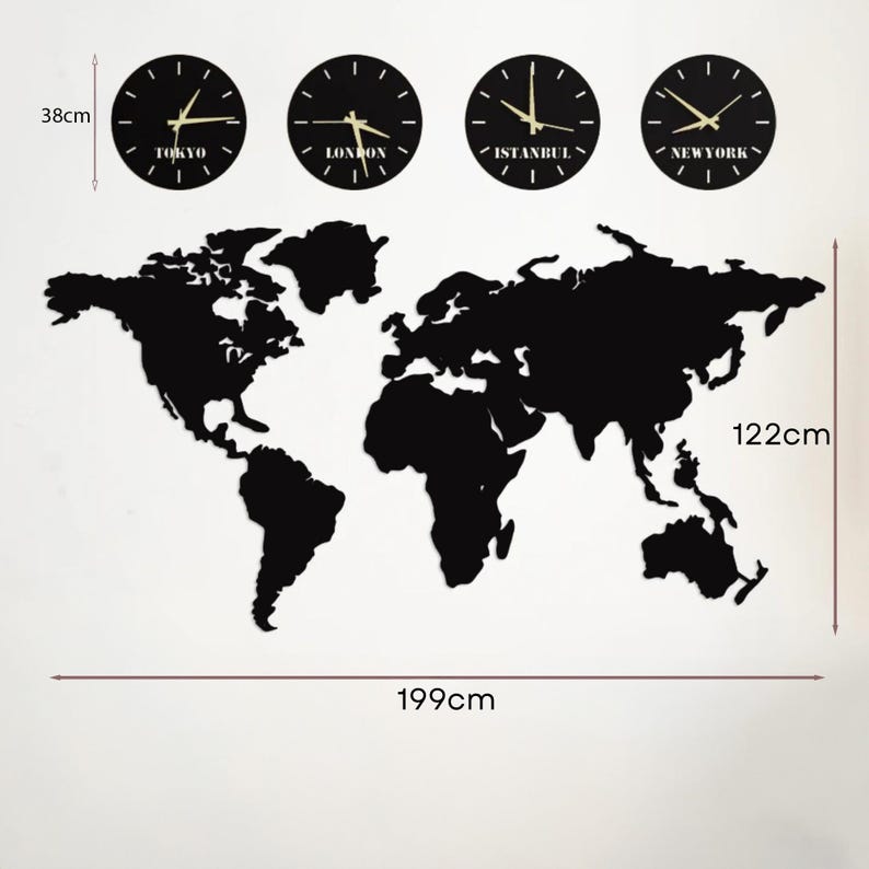 Metal World Map Wall Art With Clocks, Personalized Office Decor, World ...