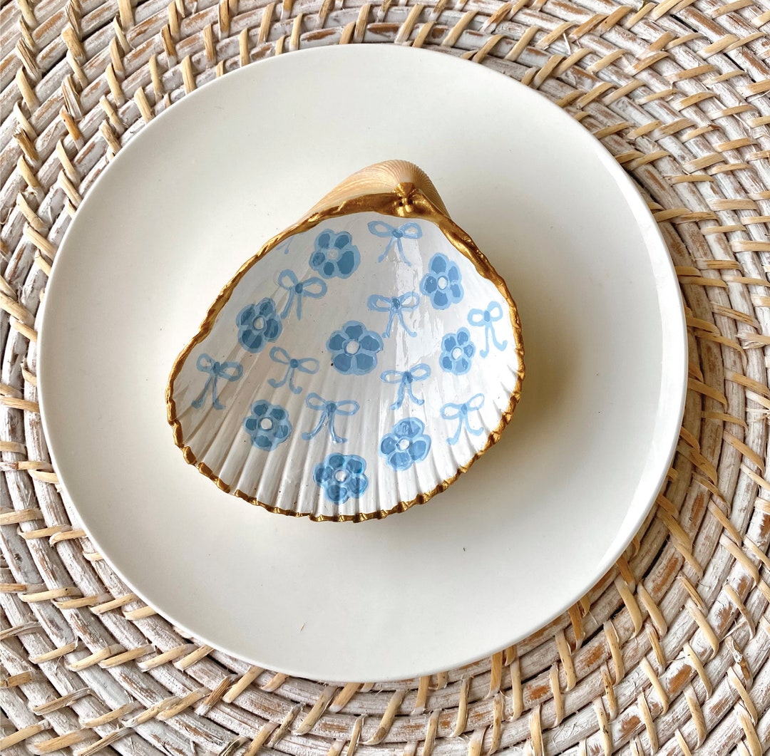 Hand Painted, Blue Flowers and Bows, Large Cockle Seashell Trinket Dish ...