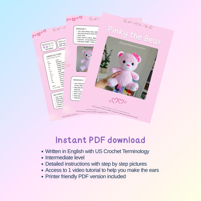 Pinky the Bear PDF Crochet Pattern Valentine's Teddy Amigurumi Digital ...