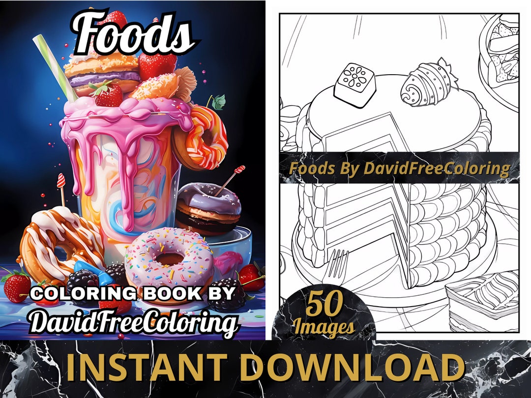 50 Foods Coloring Book Yummy Food Images for Adult Coloring Pages Foods ...