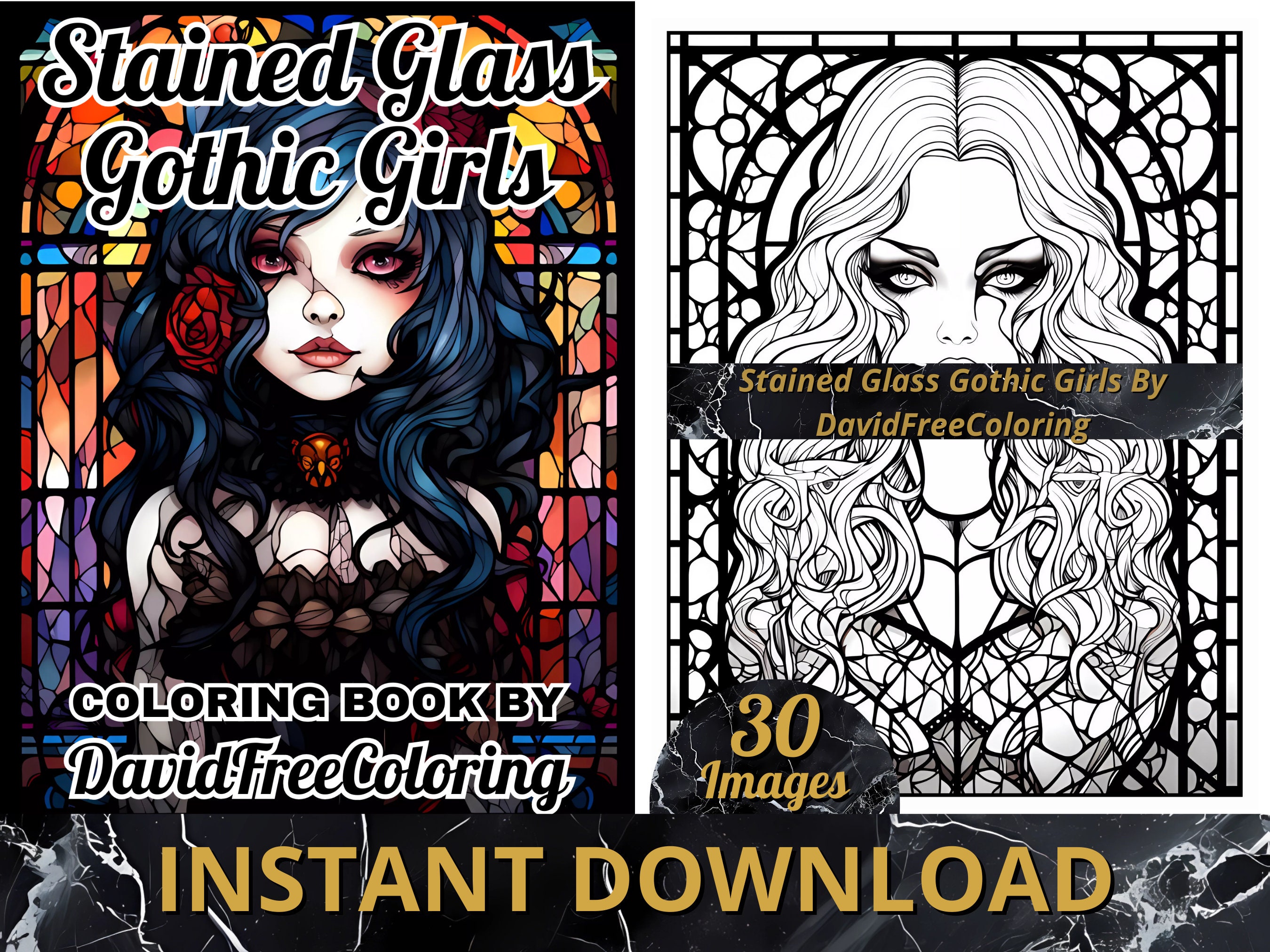 30 Gothic Girls Stained Glass Coloring Book Goth Images for Adult ...