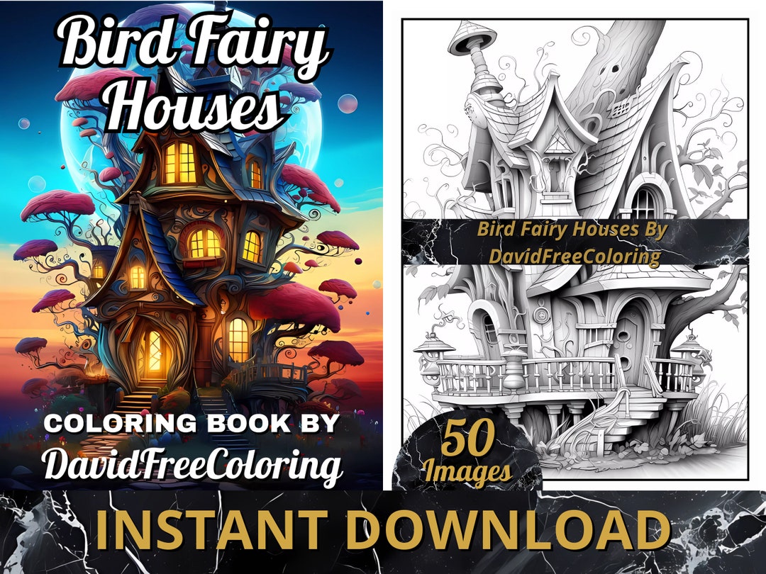 50 Bird Fairy Houses Coloring Book Fairy Homes Image for Adult Coloring ...