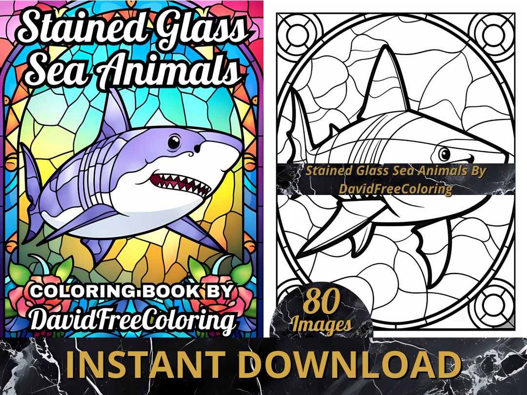 80 Sea Animals Stained Glass Coloring Book Image for Adult Coloring ...