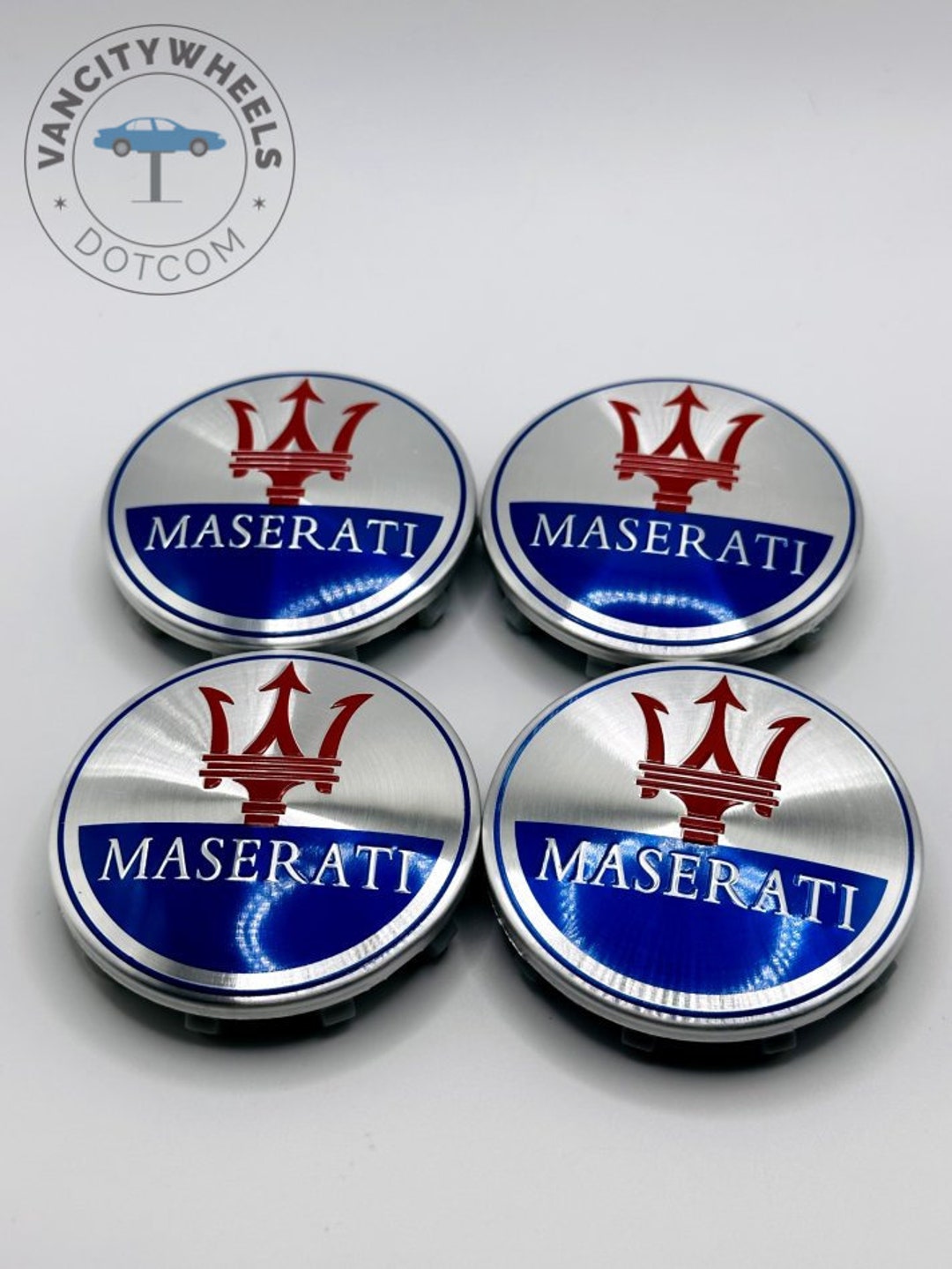 Set of 4 Chrome/blue Maserati Alloy Wheel Center Caps 60mm, Chrome/blue ...