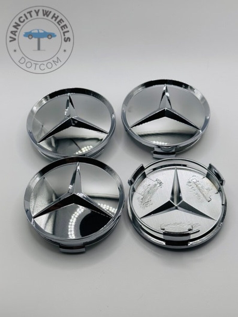 Set of 4 Chrome Mercedes Benz Alloy Wheel Center Caps 74mm, Chrome ...