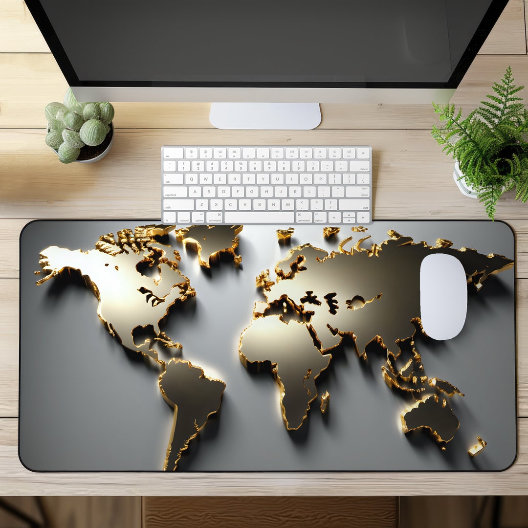 3D Gold World Map Desk Mat, Large Desk Pad, 3D Mouse Mat, 3D Desk Mat ...