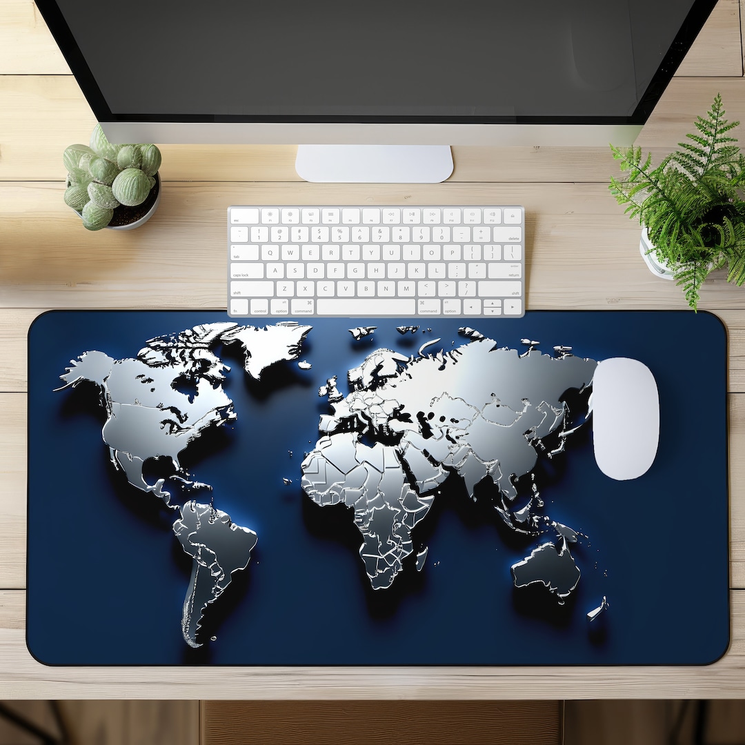 3D Silver World Map Desk Mat, Large Desk Pad, 3D Mouse Mat, 3D Desk Mat ...