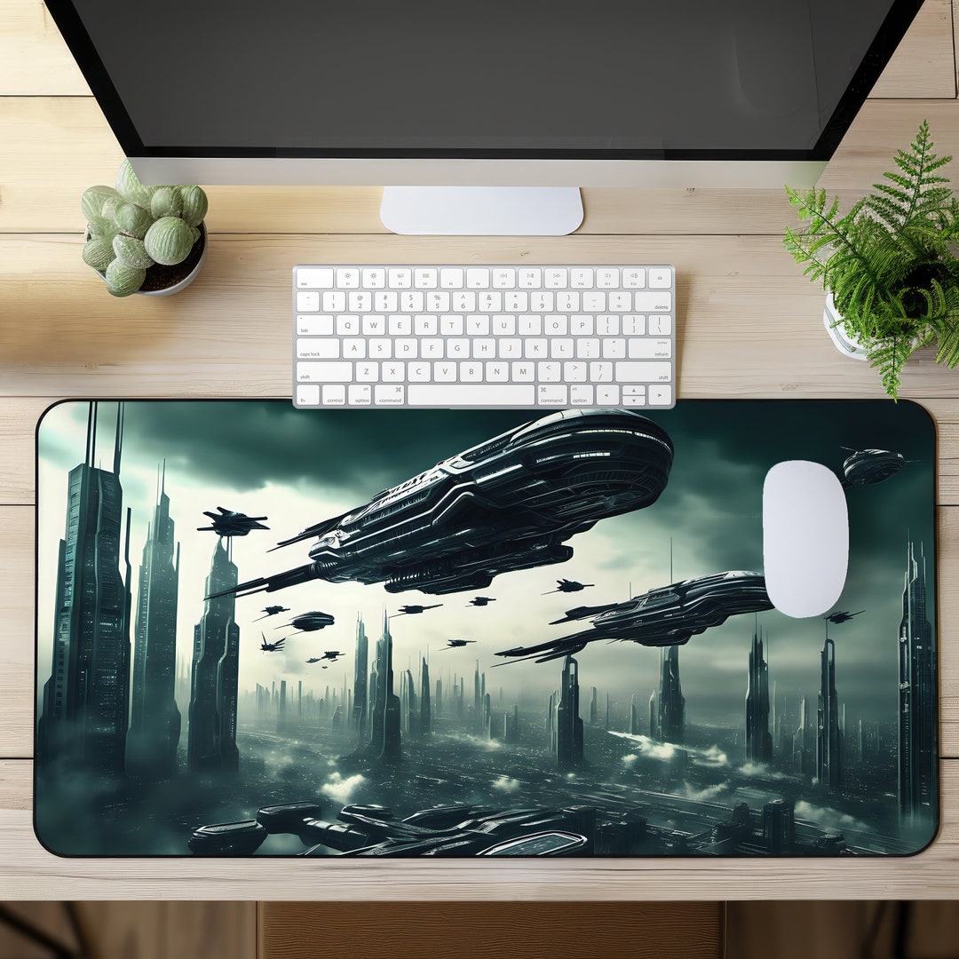 Dystopian Futuristic City Desk Mat, Sci-fi Desk Mat, Spacecraft ...