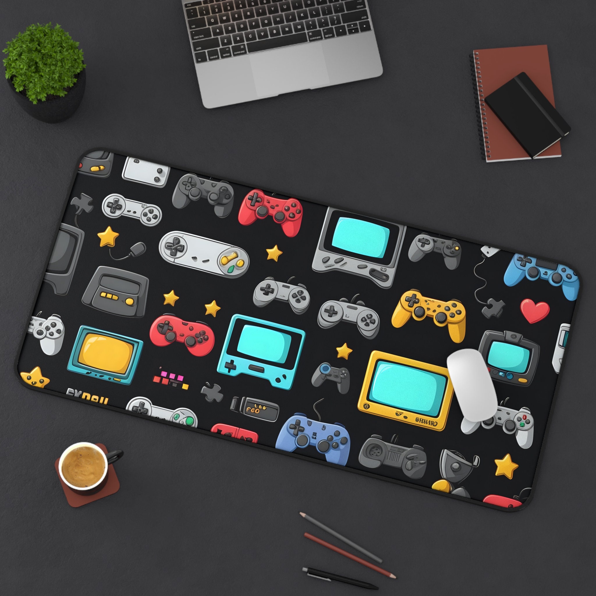 Vintage Gaming Desk Mat Cartoon Style, Gamer Desk Setup, Gaming Mouse ...
