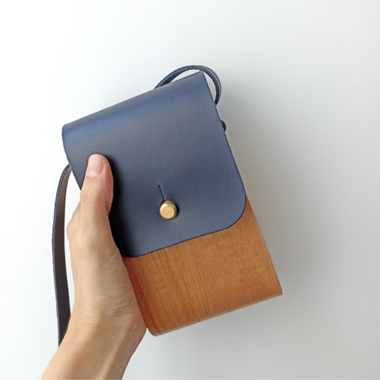 Blue Mini Bag, Taupe Crossbody, Navy Leather and Wood Bag, Wooden Bag ...