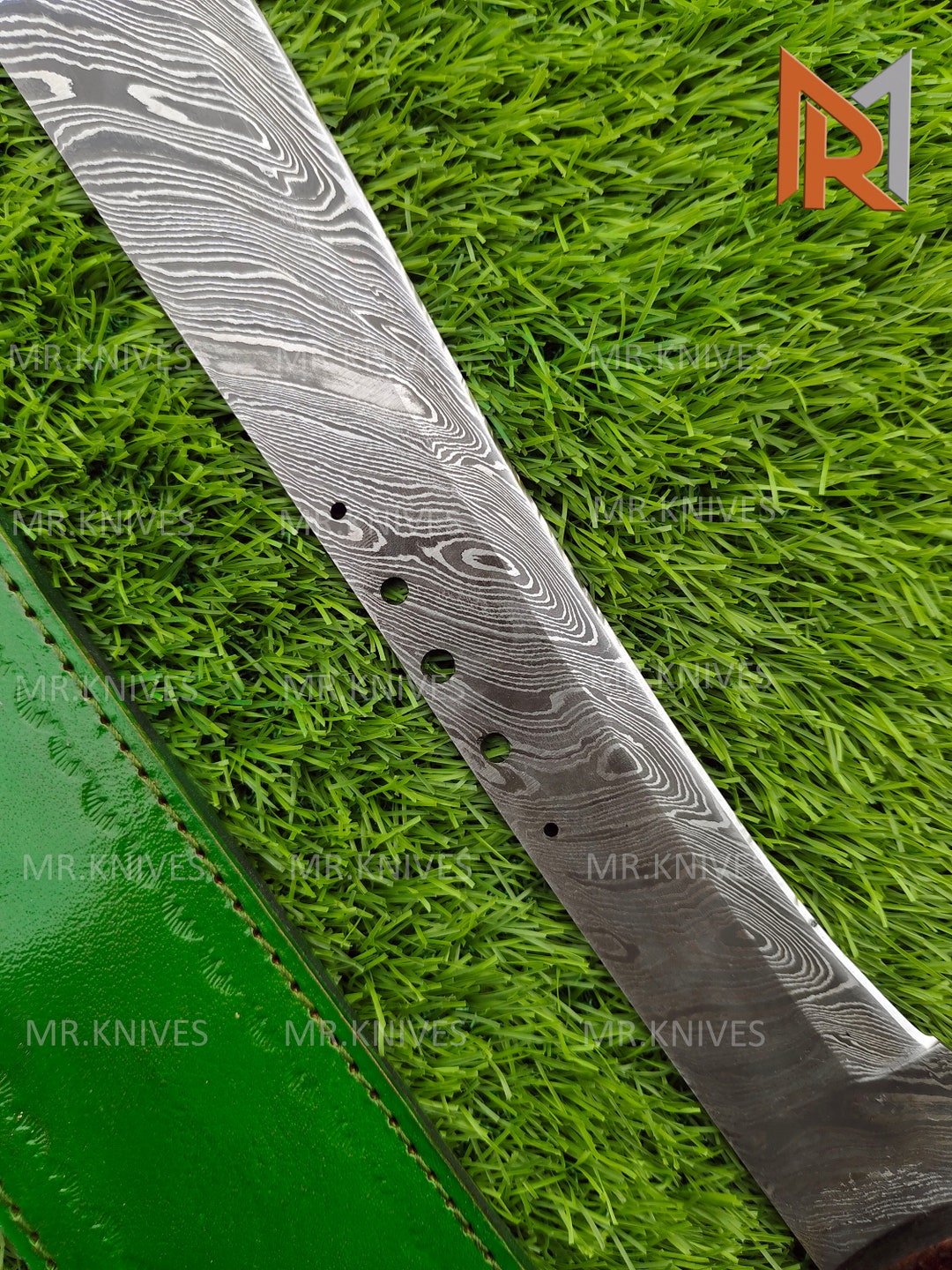 25 DAMASCUS STEEL MACHETE With Leather Sheath Micarta Wood Handle ...