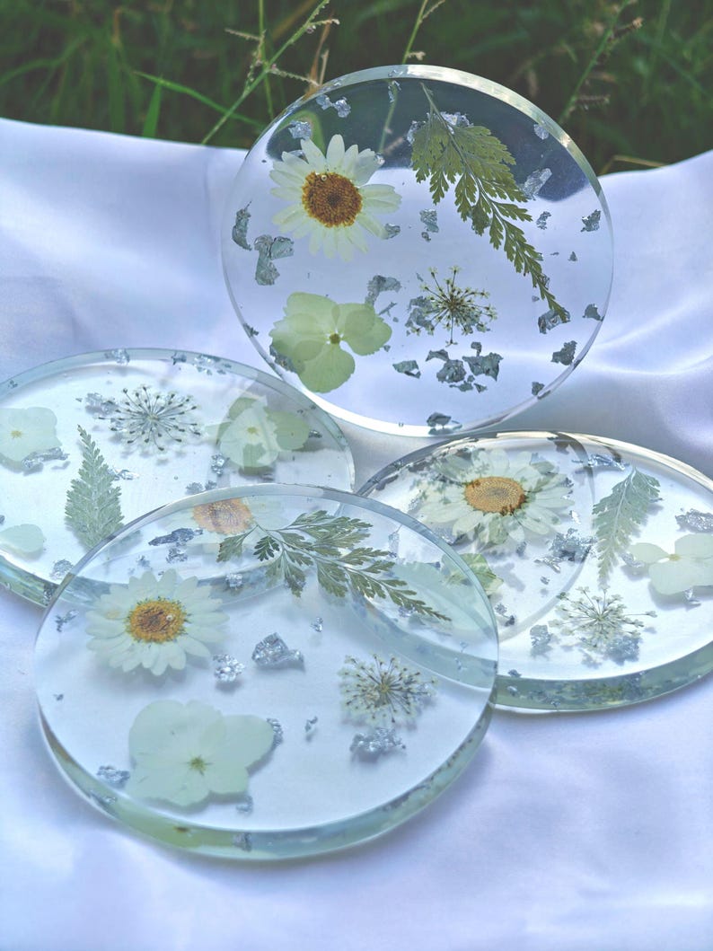 White Pressed Flower Coasters and Holder - Round - Etsy