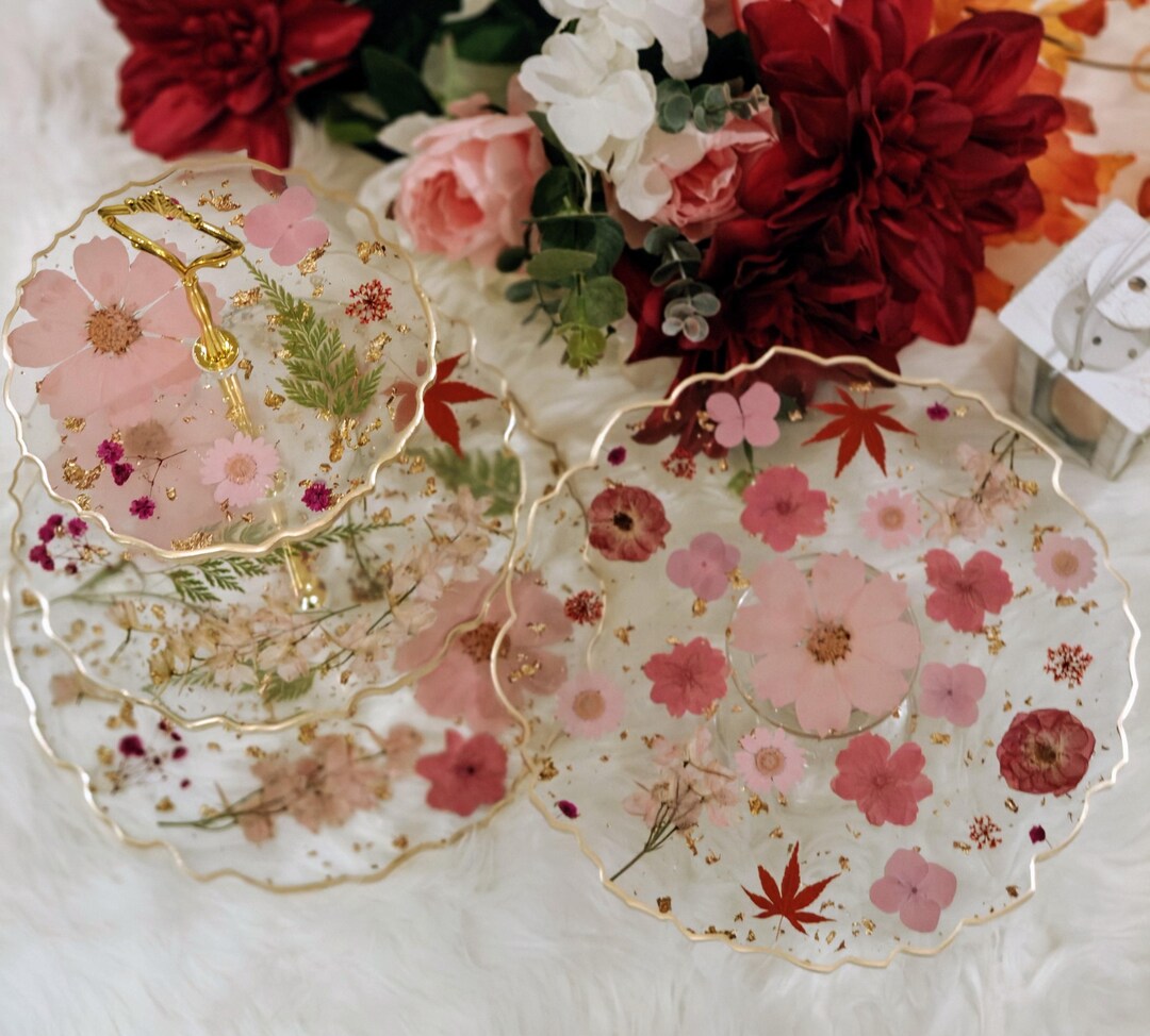 3 Tiered Resin Tray / Pink Cupcake Stand/ Dessert Stand/ Real Pressed ...