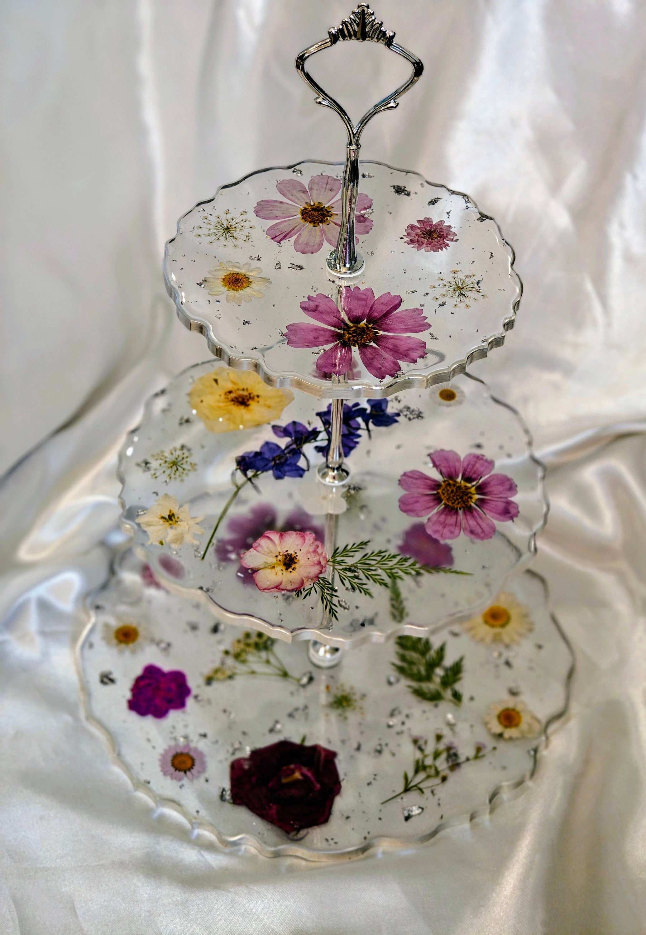3 Tiered Resin Tray/ Cupcake Stand/ Dessert Stand/ Real Pressed Flowers ...