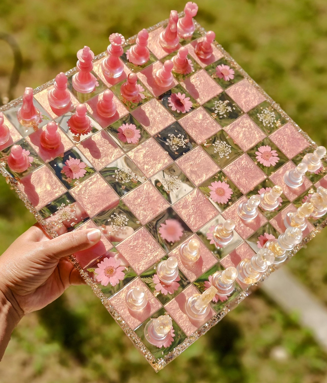 Large Floral Resin Chess Board Set: Elegant Game Room Decor (12x12") - Etsy