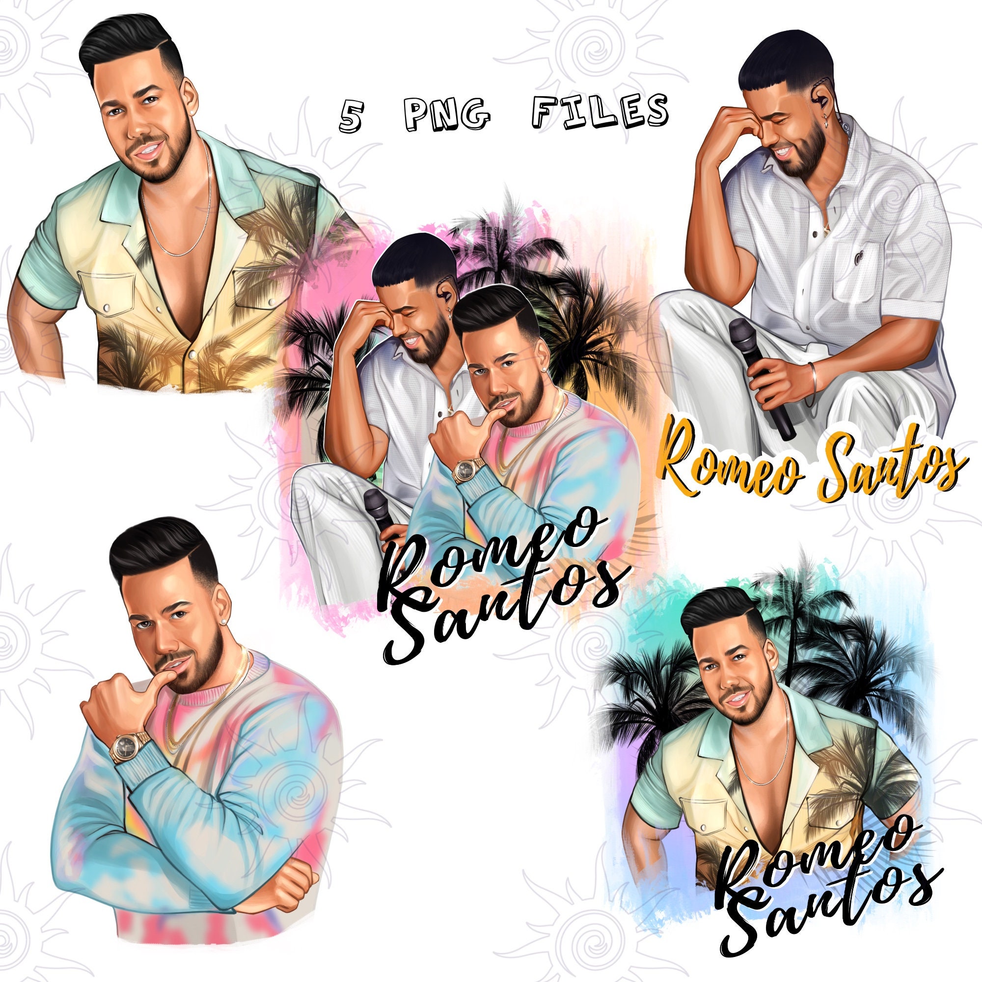 Bundle of 5 Romeo Santos PNG Hand Drawn Printable Aventura Sublimation ...
