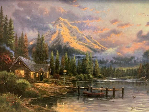 For Sale Thomas Kinkade Artwork A Studio Proof Limited Edition Canvas Lakeside Hideaway Thomas Kinkade Studio Gold Frame Etsy