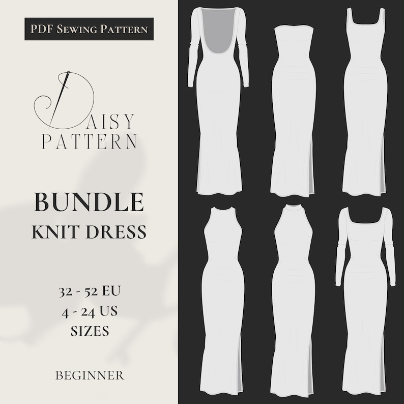 Versatile Elegant Midi Knit Dress Sewing Pattern PDF - Women's Sizes 4 ...