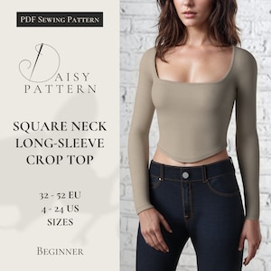 Square Neck Long-sleeve Crop Top PDF Sewing Pattern 32-52 EUR / 4-24 US ...