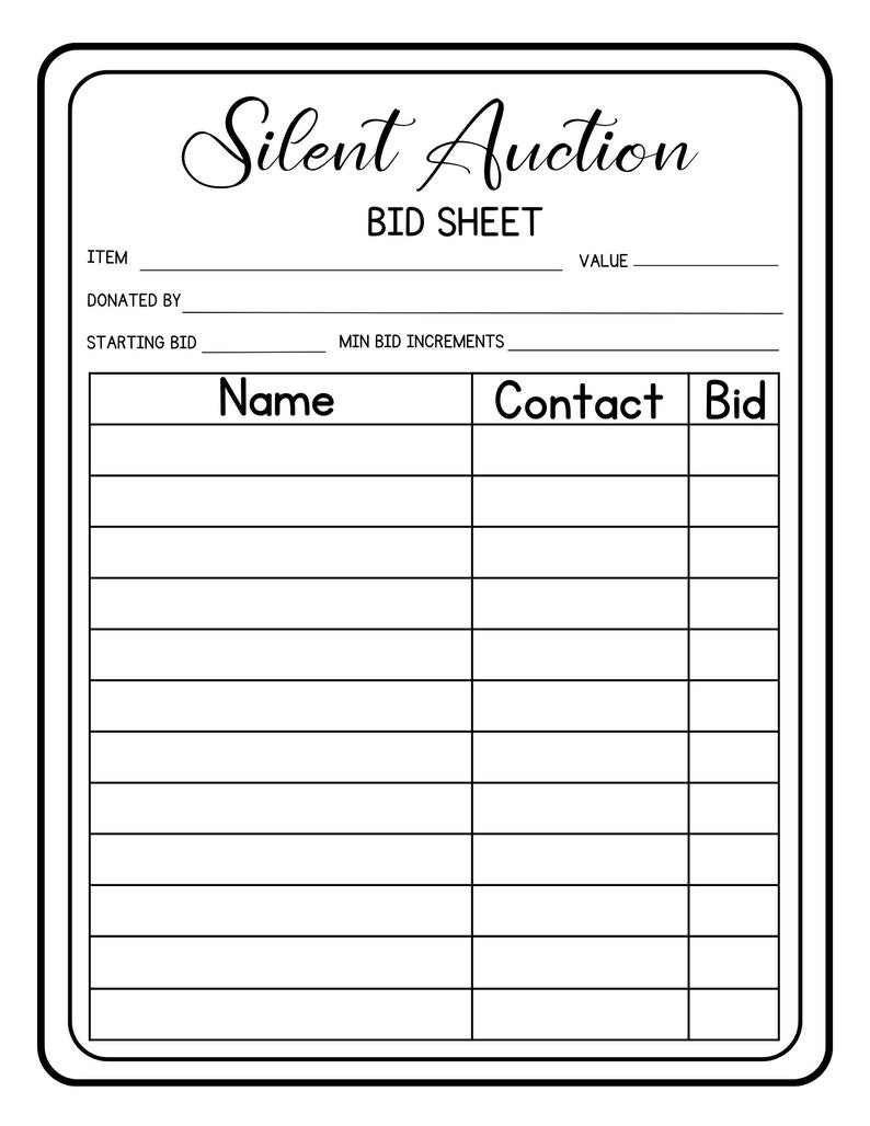 Printable Silent Auction Bid Sheet, Silent Auction Sign up Sheet ...