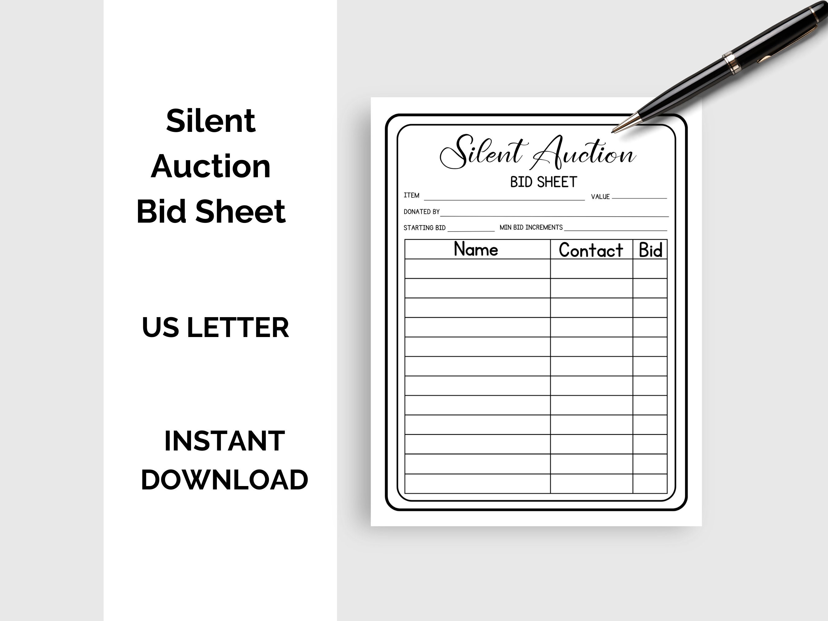 Printable Silent Auction Bid Sheet, Silent Auction Sign up Sheet ...